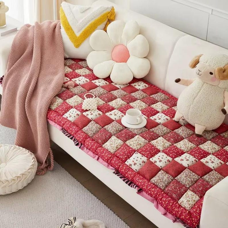 Retro Pastoral Cotton Sofa Cushion Thicken Plaid Quilted Rug, Non-slip ...
