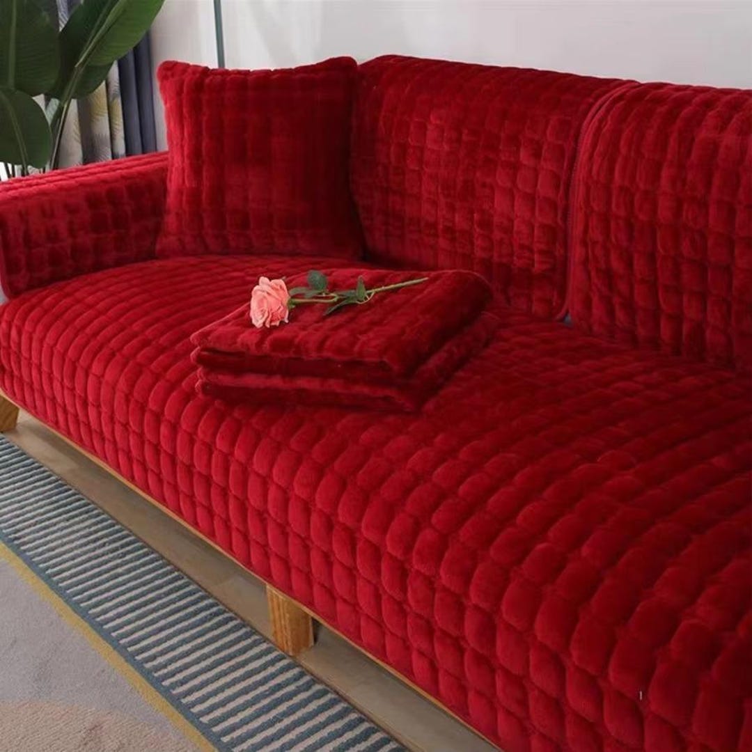 Universal Flannel Plaid Sofa Cover Non-slip Thickened Plush Couch ...