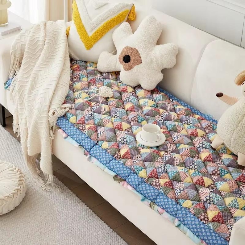 Retro Pastoral Cotton Sofa Cushion Thicken Plaid Quilted Rug, Non-slip ...