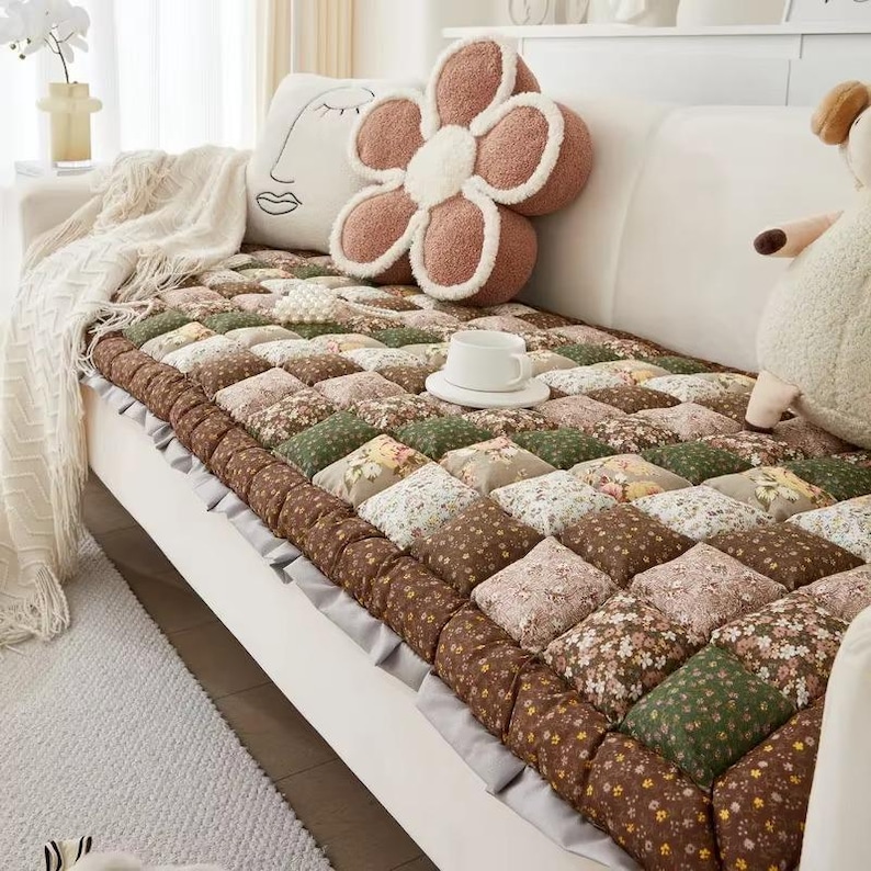 Retro Pastoral Cotton Sofa Cushion Thicken Plaid Quilted Rug, Non-slip ...