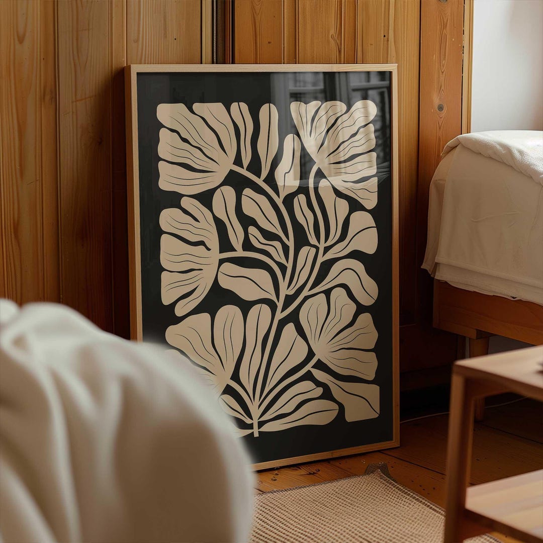 Framed Bold Floral Poster: Beige Abstract Flower Wall Art on Black - Etsy