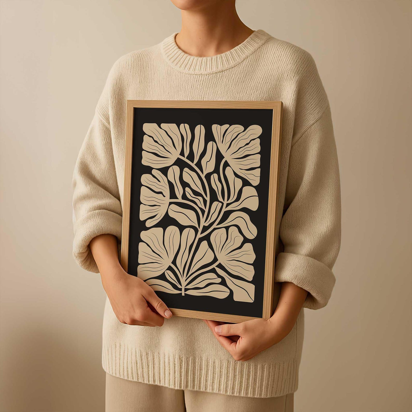 Framed Bold Floral Poster: Beige Abstract Flower Wall Art on Black - Etsy
