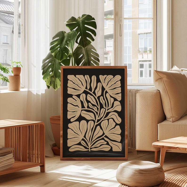 Framed Bold Floral Poster: Beige Abstract Flower Wall Art on Black - Etsy