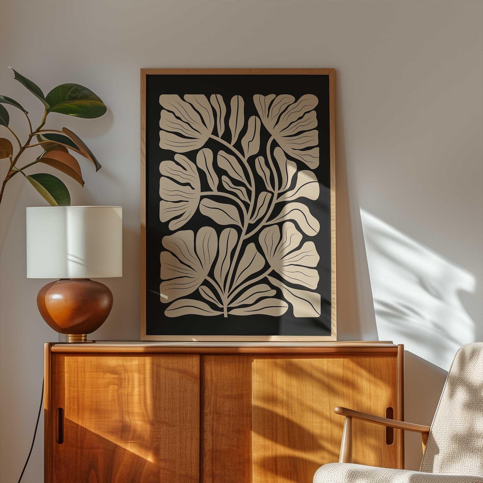 Framed Bold Floral Poster: Beige Abstract Flower Wall Art on Black - Etsy