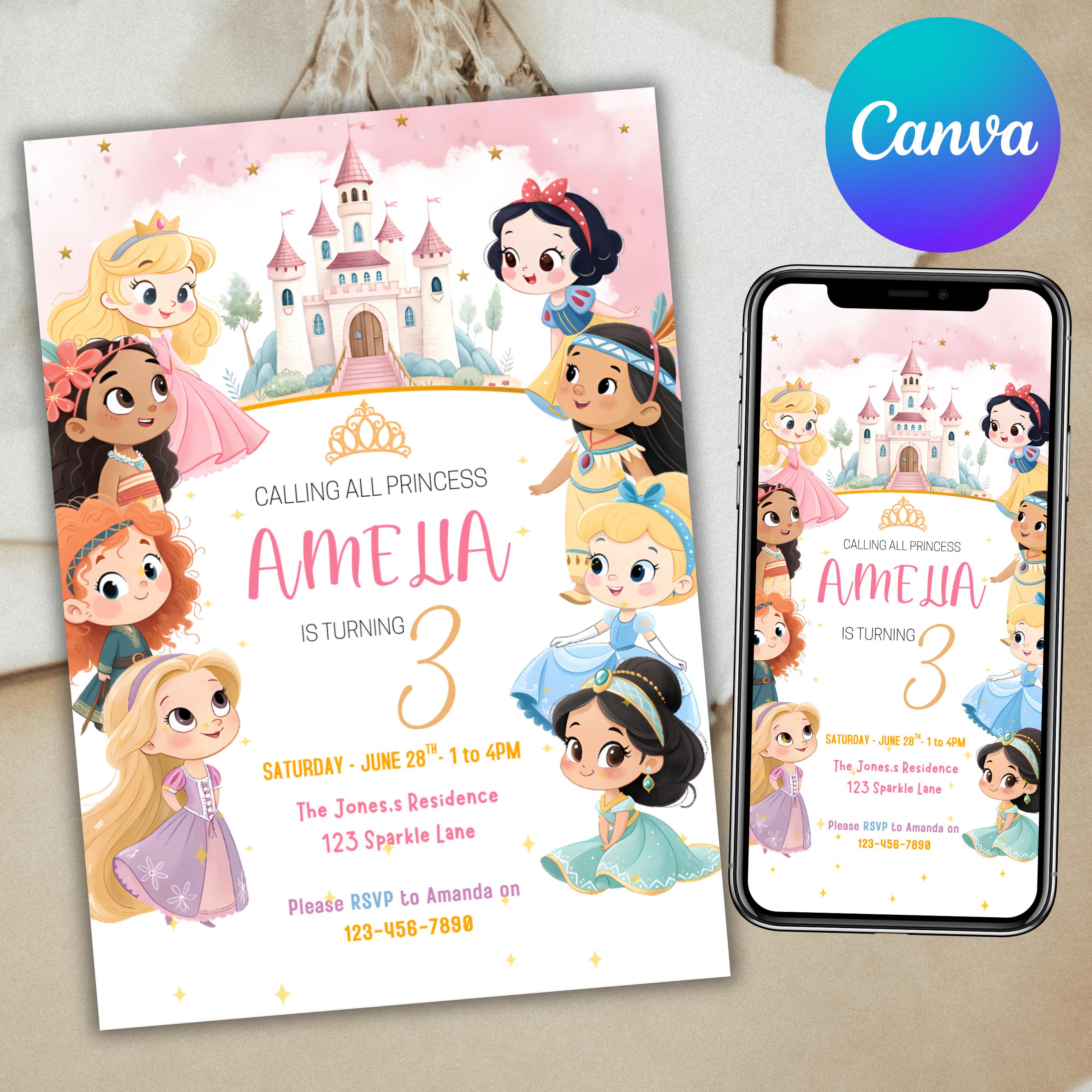 Princess Birthday Invitation, Royal Theme, Canva Editable - Etsy