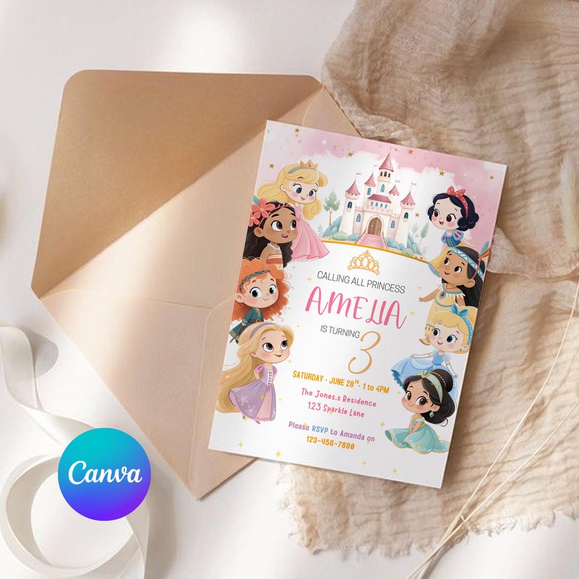 Princess Birthday Invitation, Royal Theme, Canva Editable - Etsy
