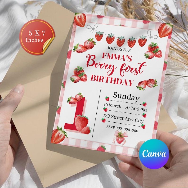 Berry First Birthday Invitation, Strawberry Bow, Editable Canva ...
