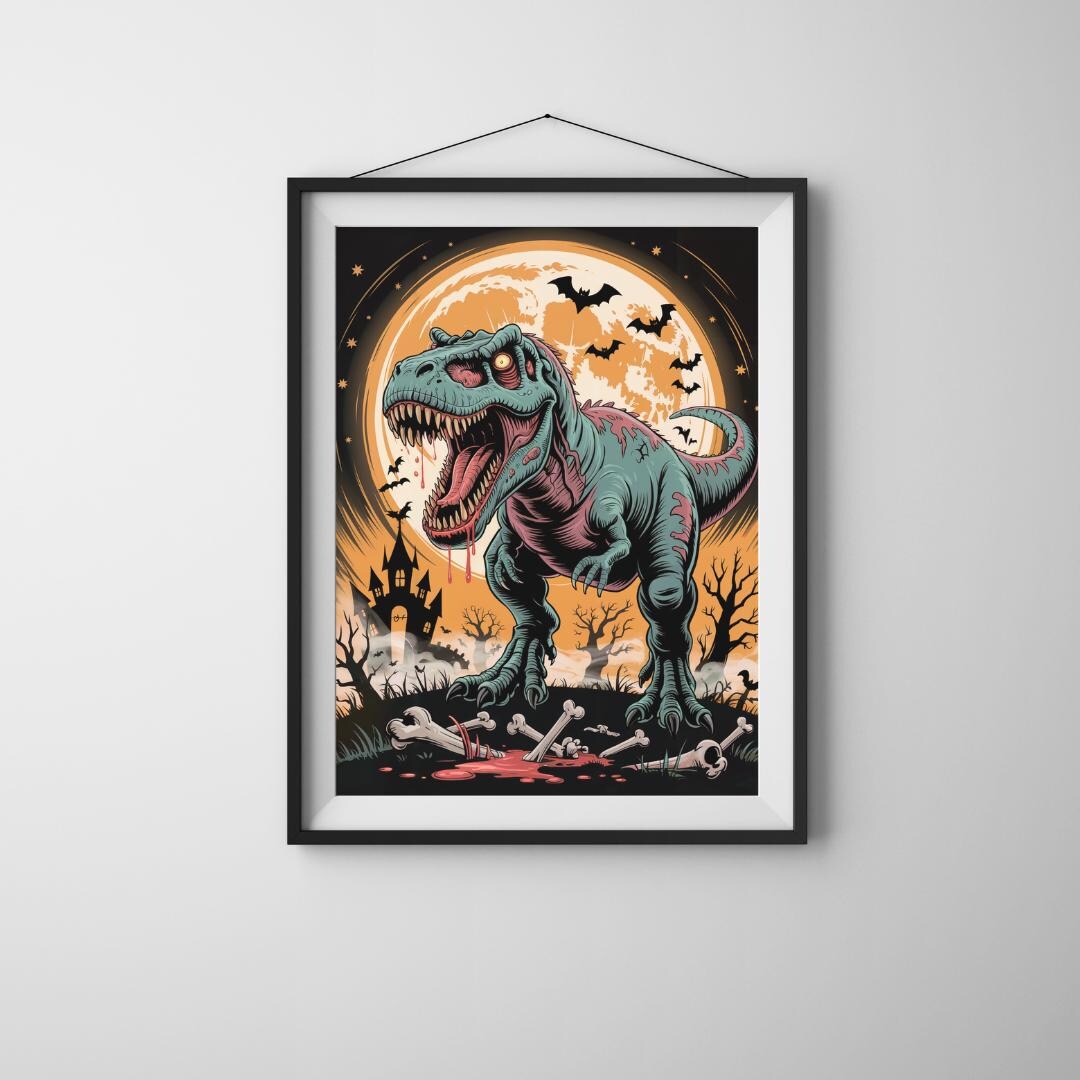 Scary Halloween Dinosaur Wall Art Print, Gothic T-rex Poster With Full ...