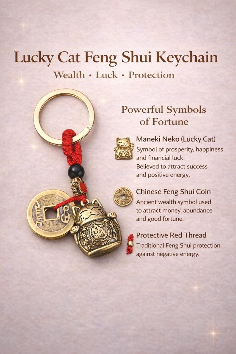 Lucky Cat Keychain for Wealth & Success, Feng Shui Maneki Neko Charm ...
