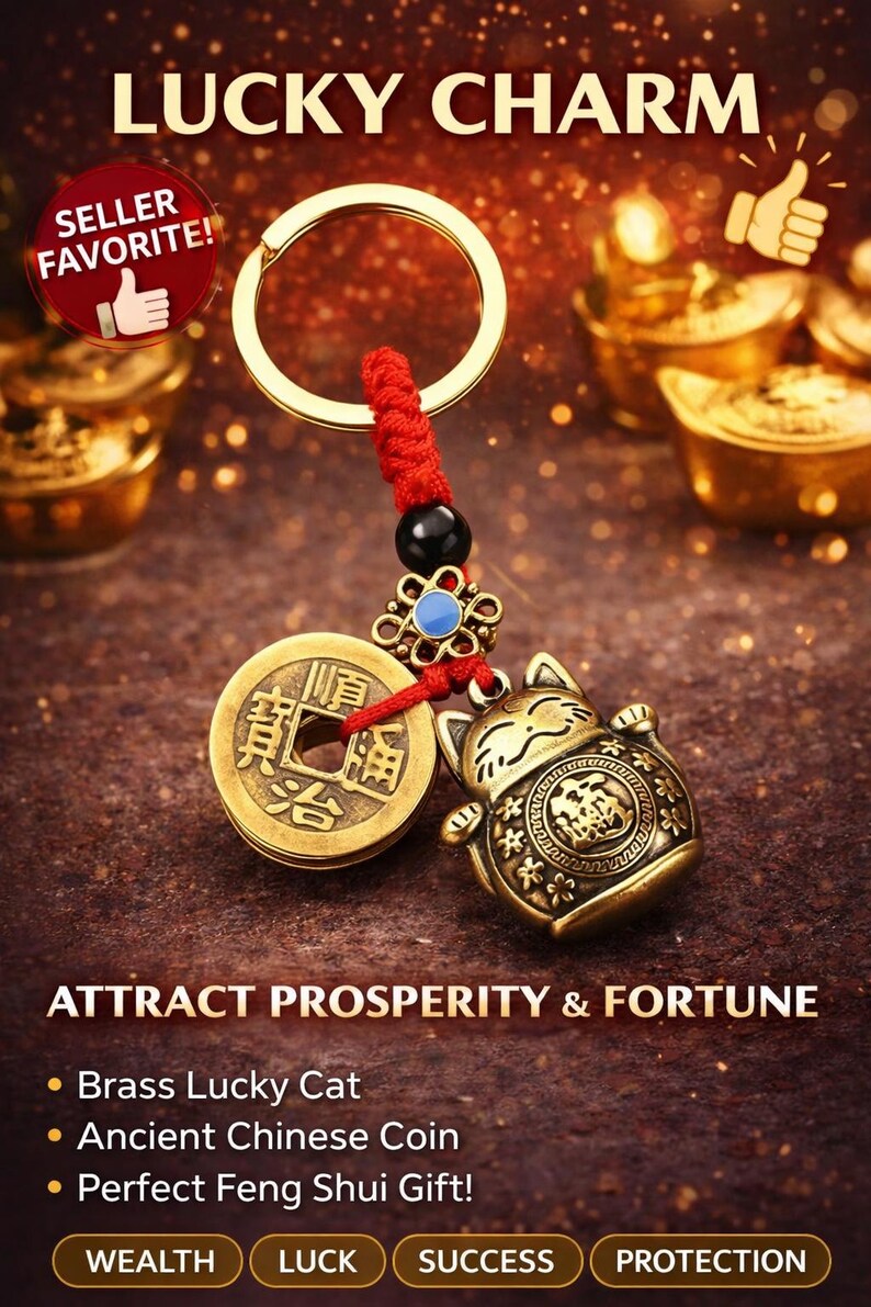 Lucky Cat Keychain for Wealth & Success, Feng Shui Maneki Neko Charm ...