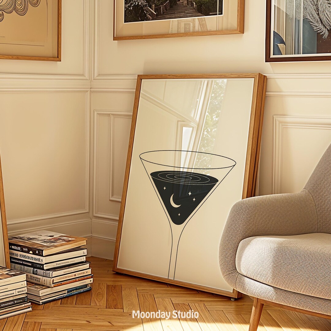 Minimalist Martini Print | Moody Crescent Moon & Espresso Martini Art ...