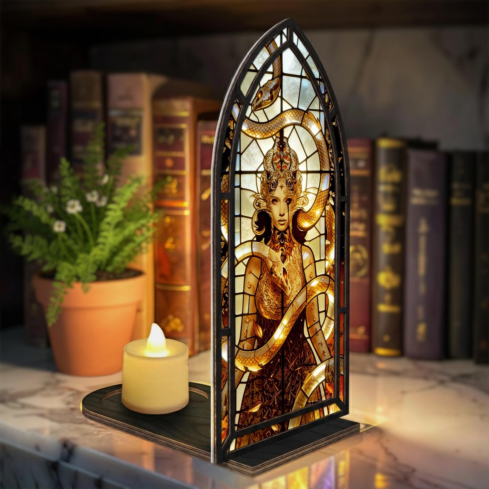 Serpent Goddess Stained Glass Book Nook, Gothic Window Lamp, Fantasy ...