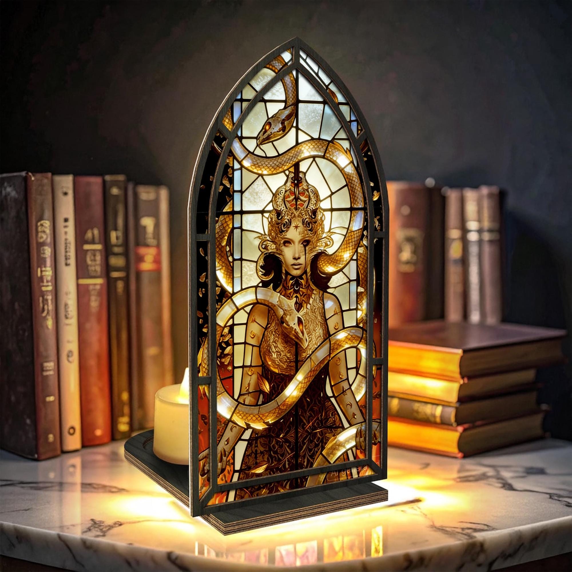 Serpent Goddess Stained Glass Book Nook, Gothic Window Lamp, Fantasy ...
