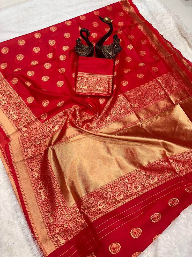 Statement Handmade Red Color Striped Banarasi Litchi Silk Saree - Etsy