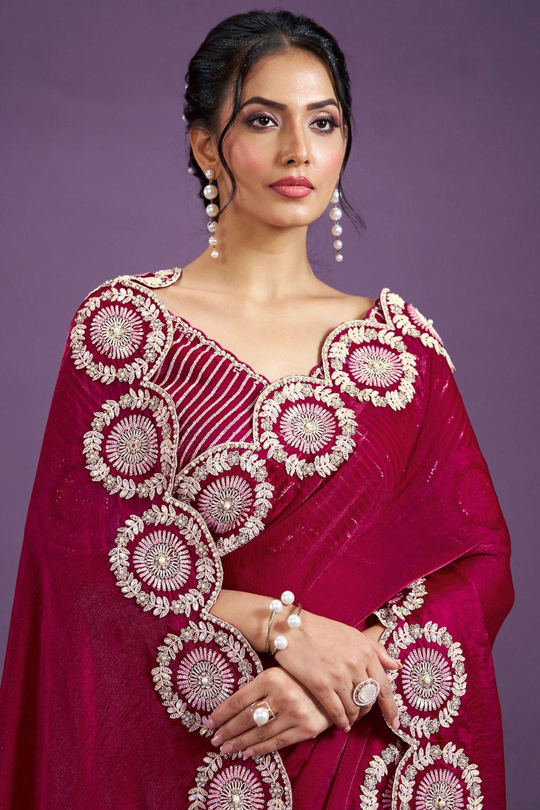 Embroidered Satin Saree Fabric: Dori Thread & Sequin Arco Cutwork ...