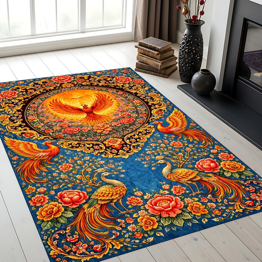 Phoenix Peacock , Majestic Fire Bird Carpet, Luxury Floral Animal Rug ...
