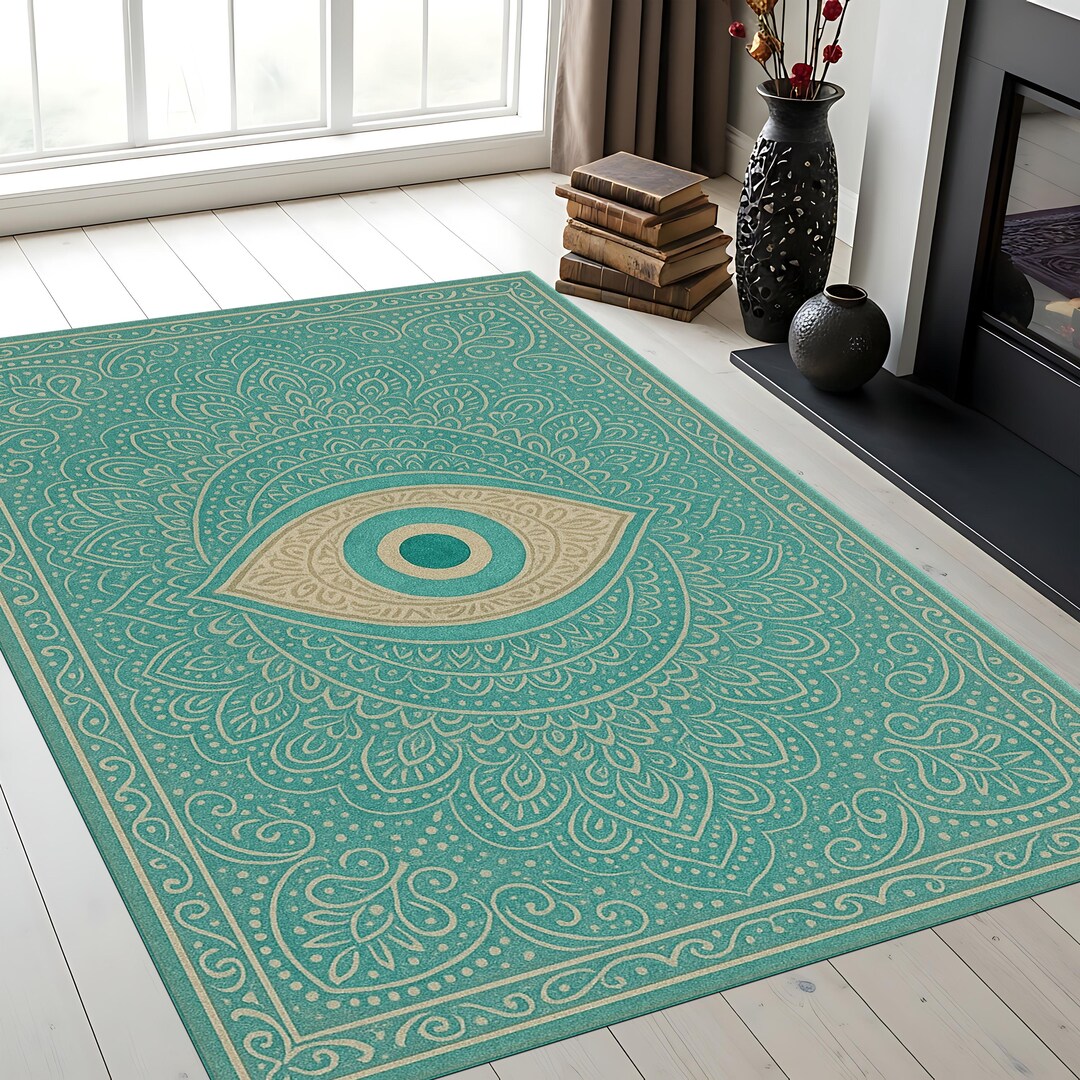 Turquoise Evil Eye Rug – Mandala Pattern Protective Symbol Carpet, Boho ...