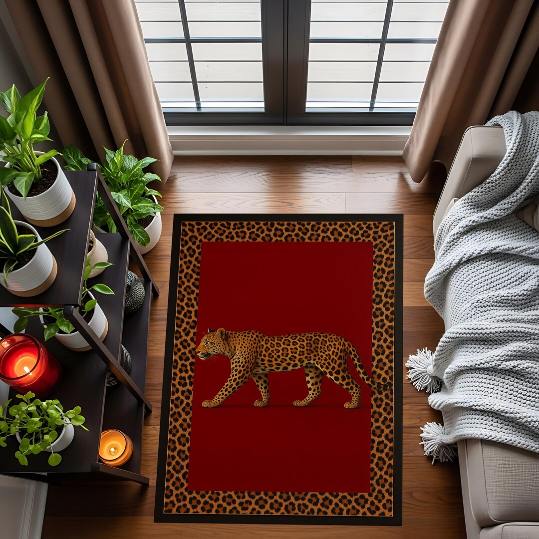 Red Leopard Print Area Rug, Wild Animal Pattern Carpet, Modern Safari ...