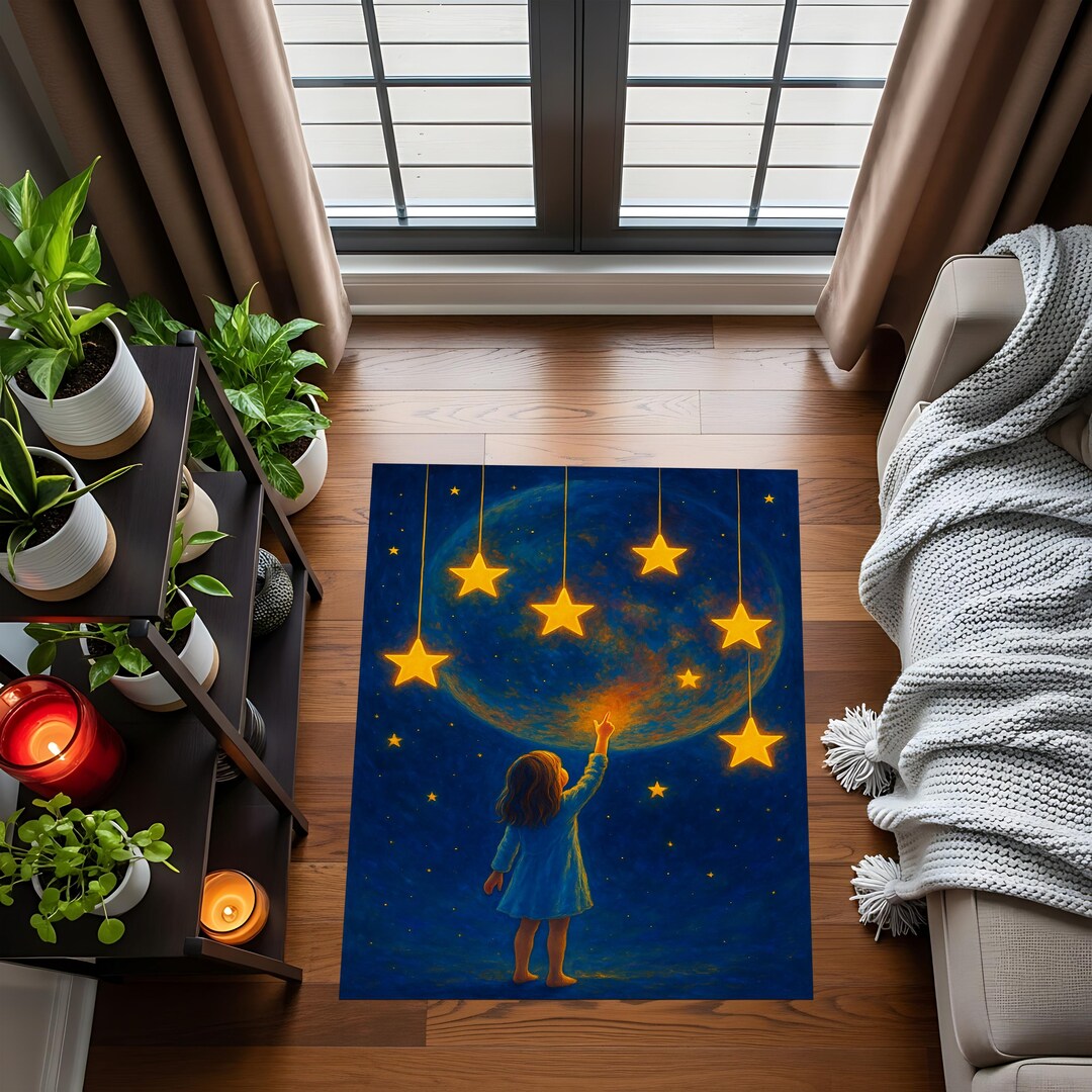 Girl and Stars Area Rug, Whimsical Carpet With Child Reaching for ...