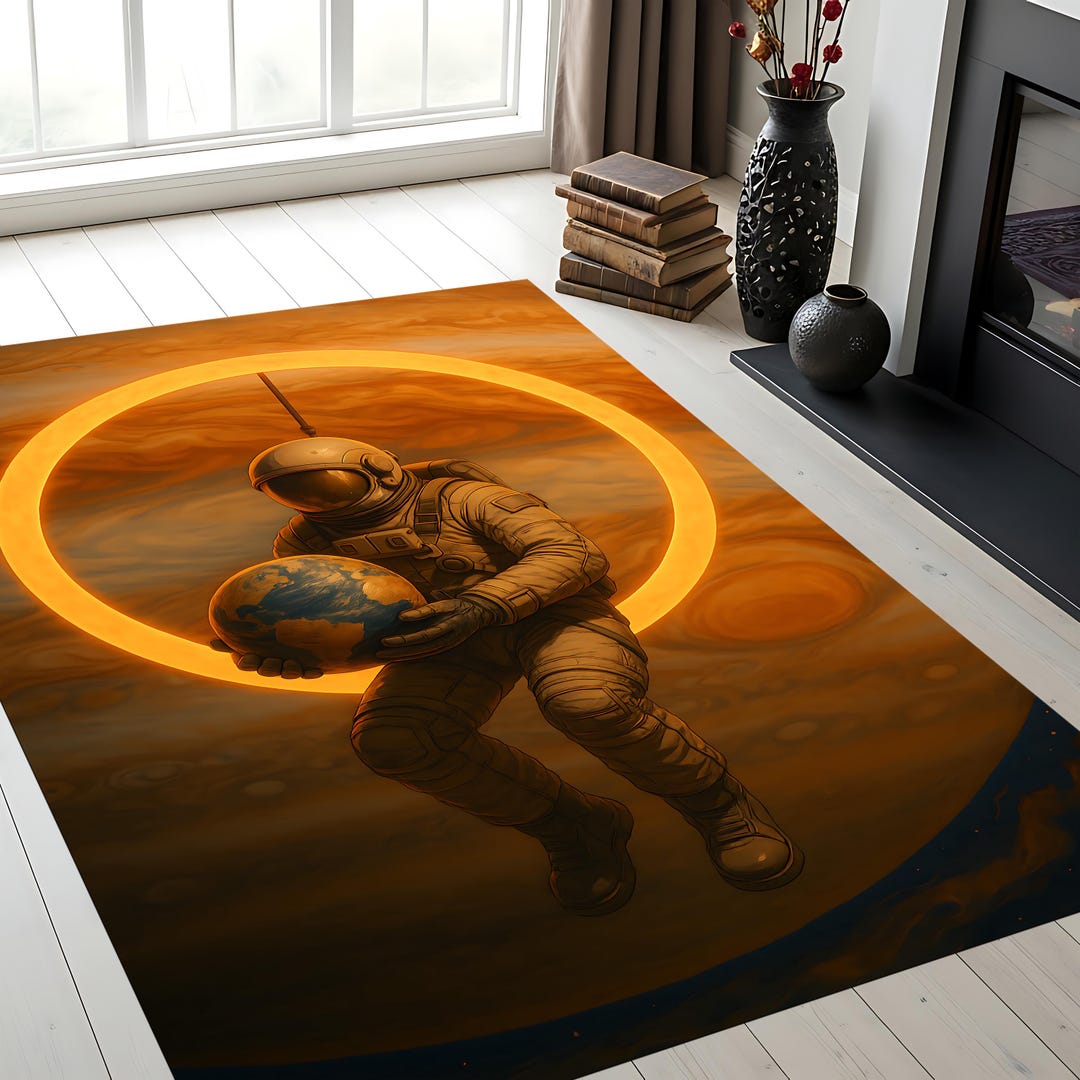 Astronaut Rug With Earth and Cosmic Halo – Modern Space Theme Area Rug ...