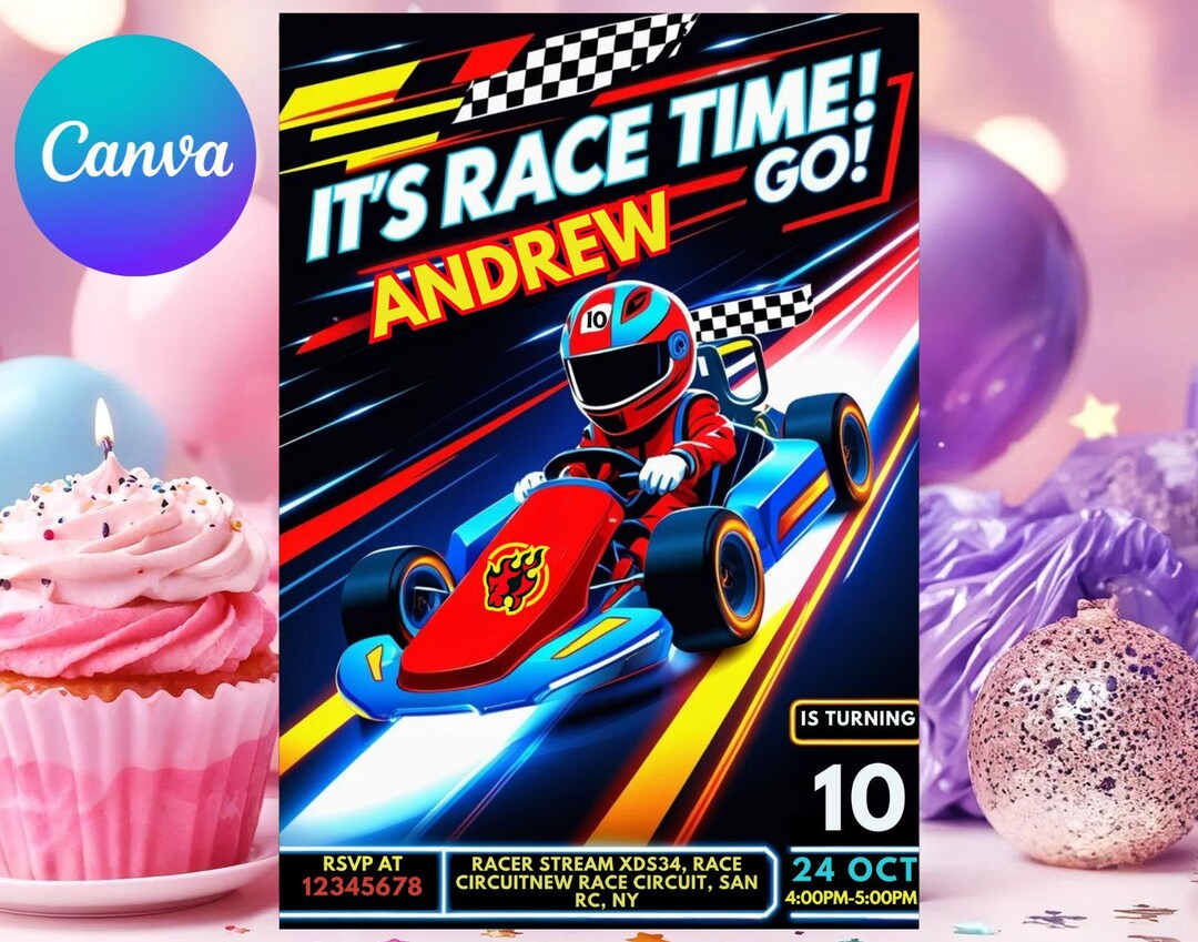 Go Kart Racing Birthday Invitation, Watercolor Monster Truck Theme ...