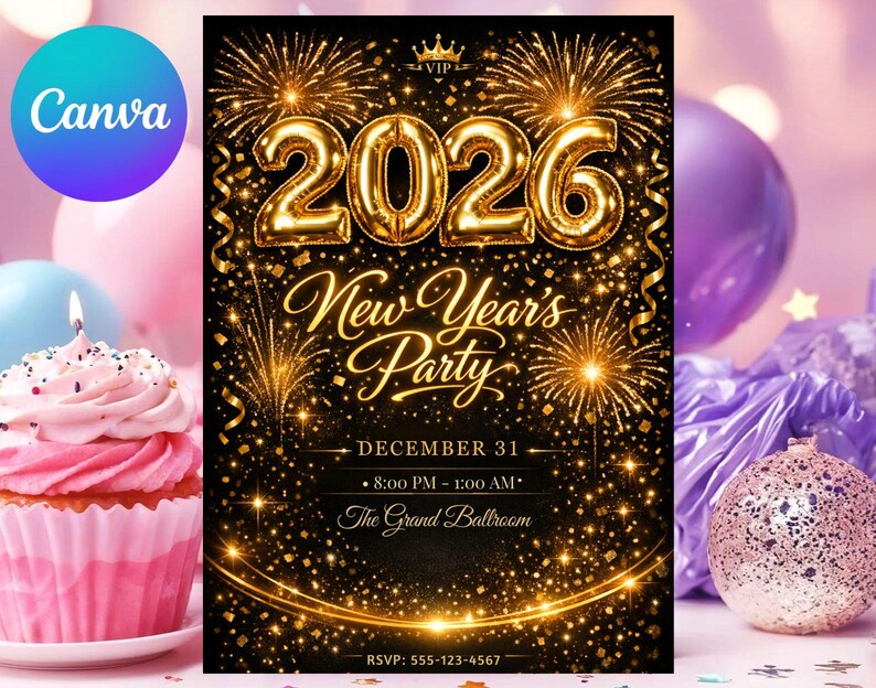 2026 New Year Party Invitation, Gold Balloon NYE Invite, New Year’s Eve ...