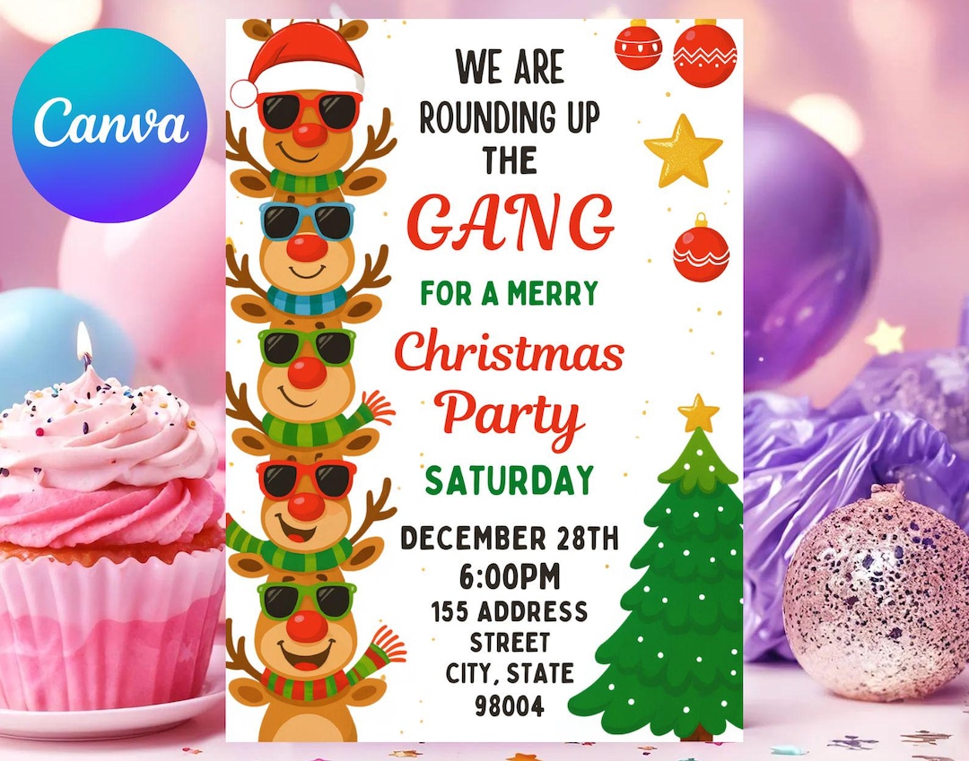 Editable Reindeer Christmas Party Invitation: Holiday Celebration ...