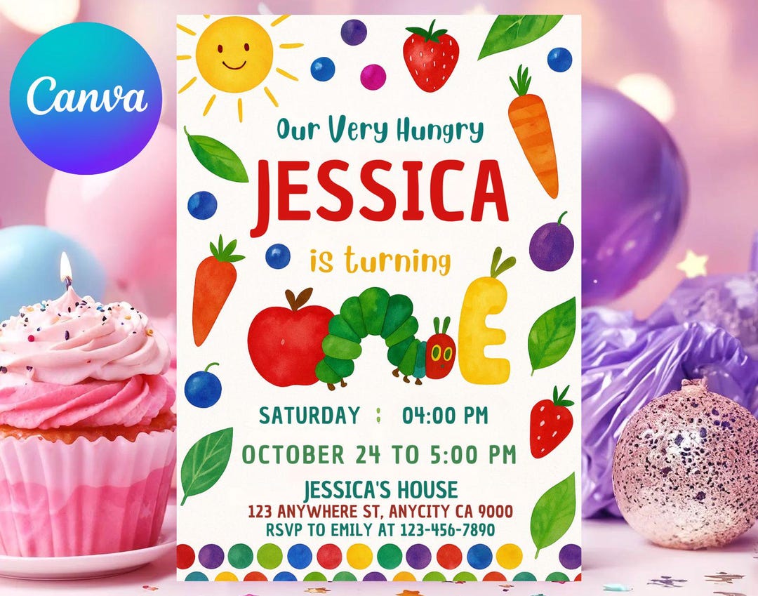 Hungry Caterpillar First Birthday Invitation: Editable Canva Template ...