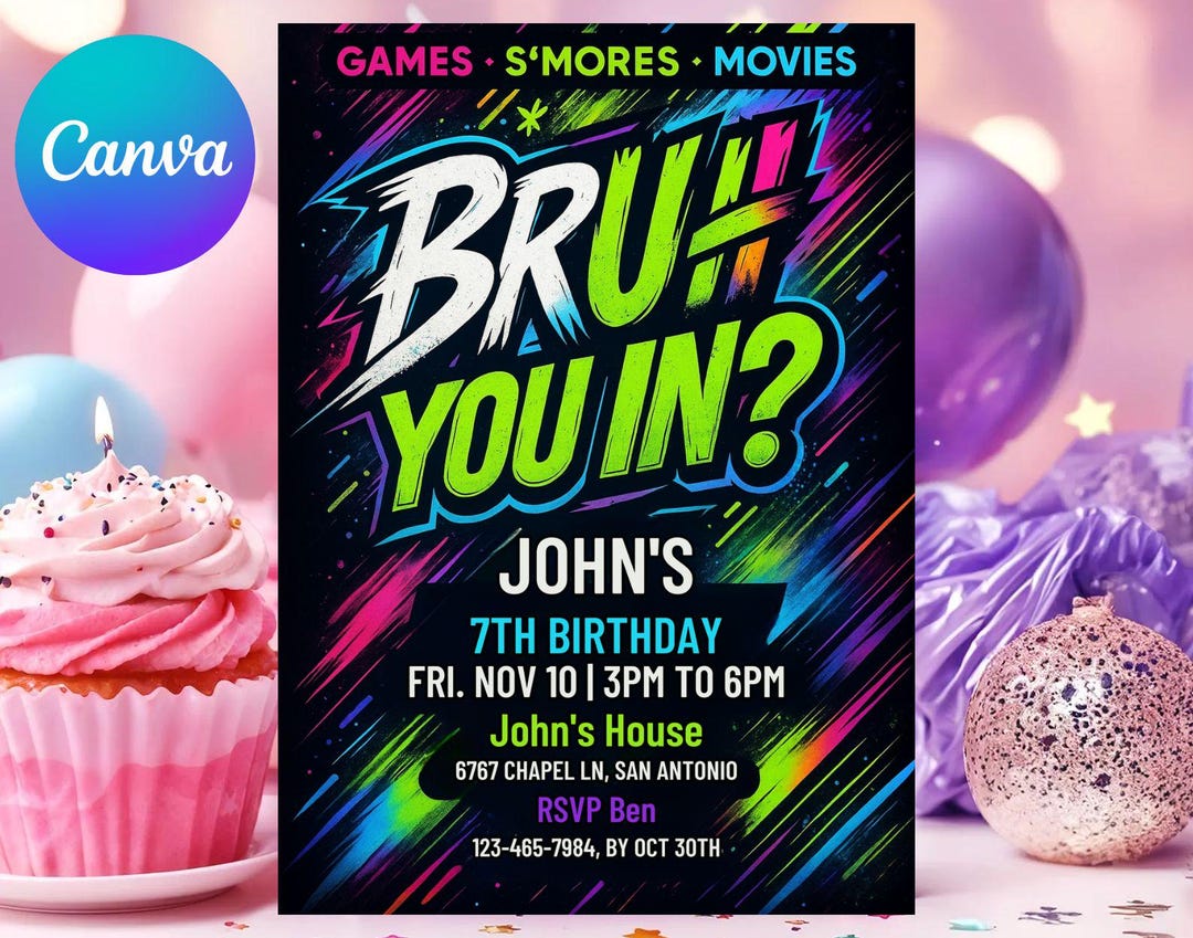 Neon Graffiti Bruh Birthday Invitation, Gamer Party (editable Canva ...