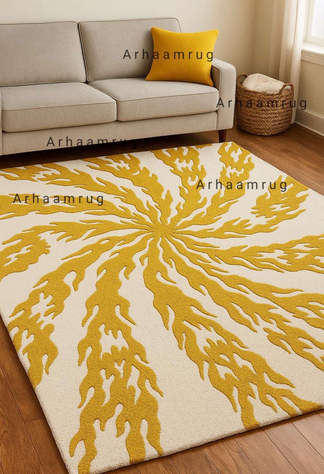 7x9 Sunburst Rug Hand Tufted Wool Rug I High Low 3D Carpet | Mustard ...