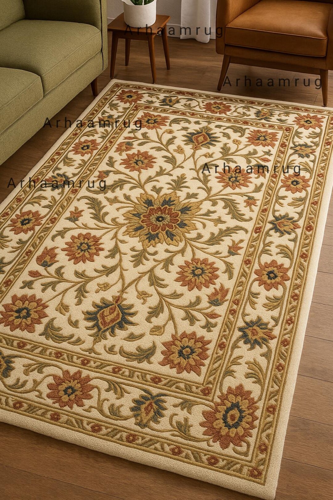 Hand Tufted Wool Rug | Traditional Floral Carved Carpet | Ivory Rust ...