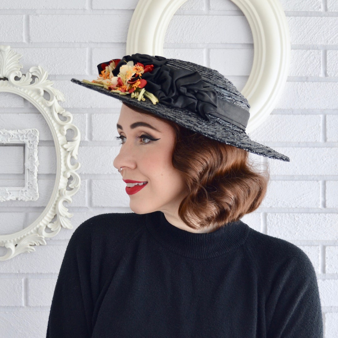 Vintage Black Straw Style Hat With Fabric Flowers and Black Ribbon Bow ...