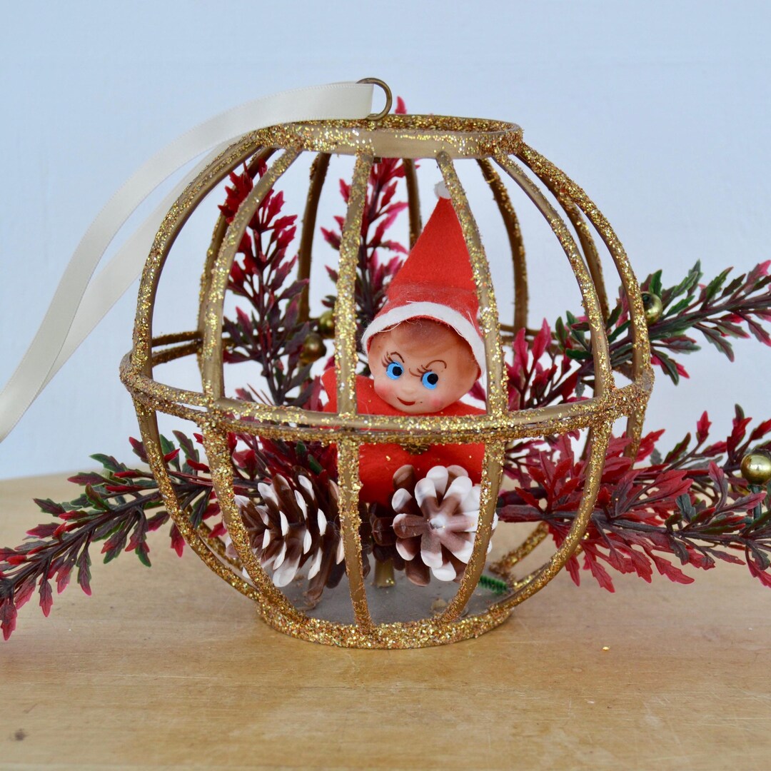Vintage Christmas Elf in Gold Glitter Hanging Ball With Plastic Pine ...