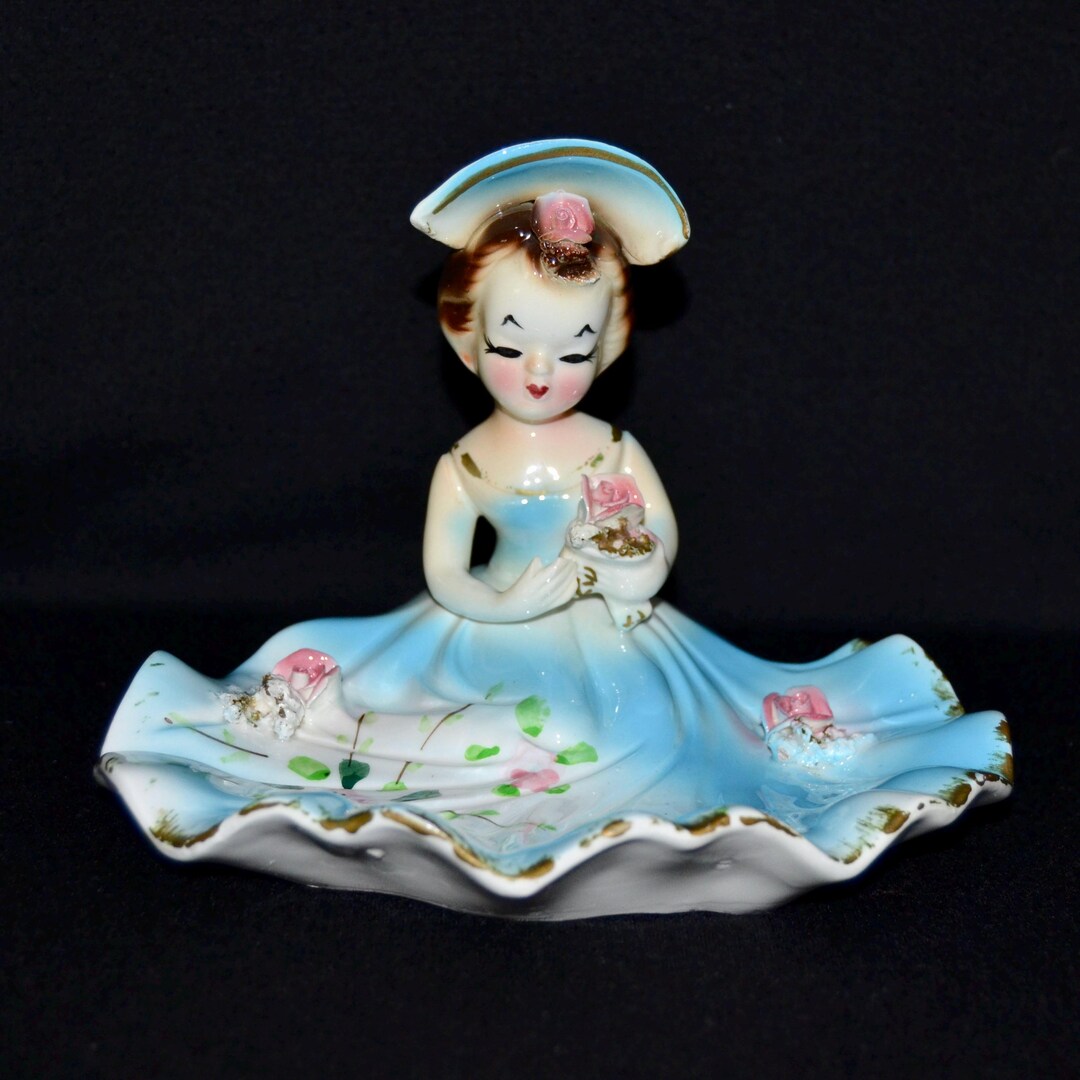 Vintage Ceramic Sitting Lady Trinket Dish With Blue Skirt and Flowers ...