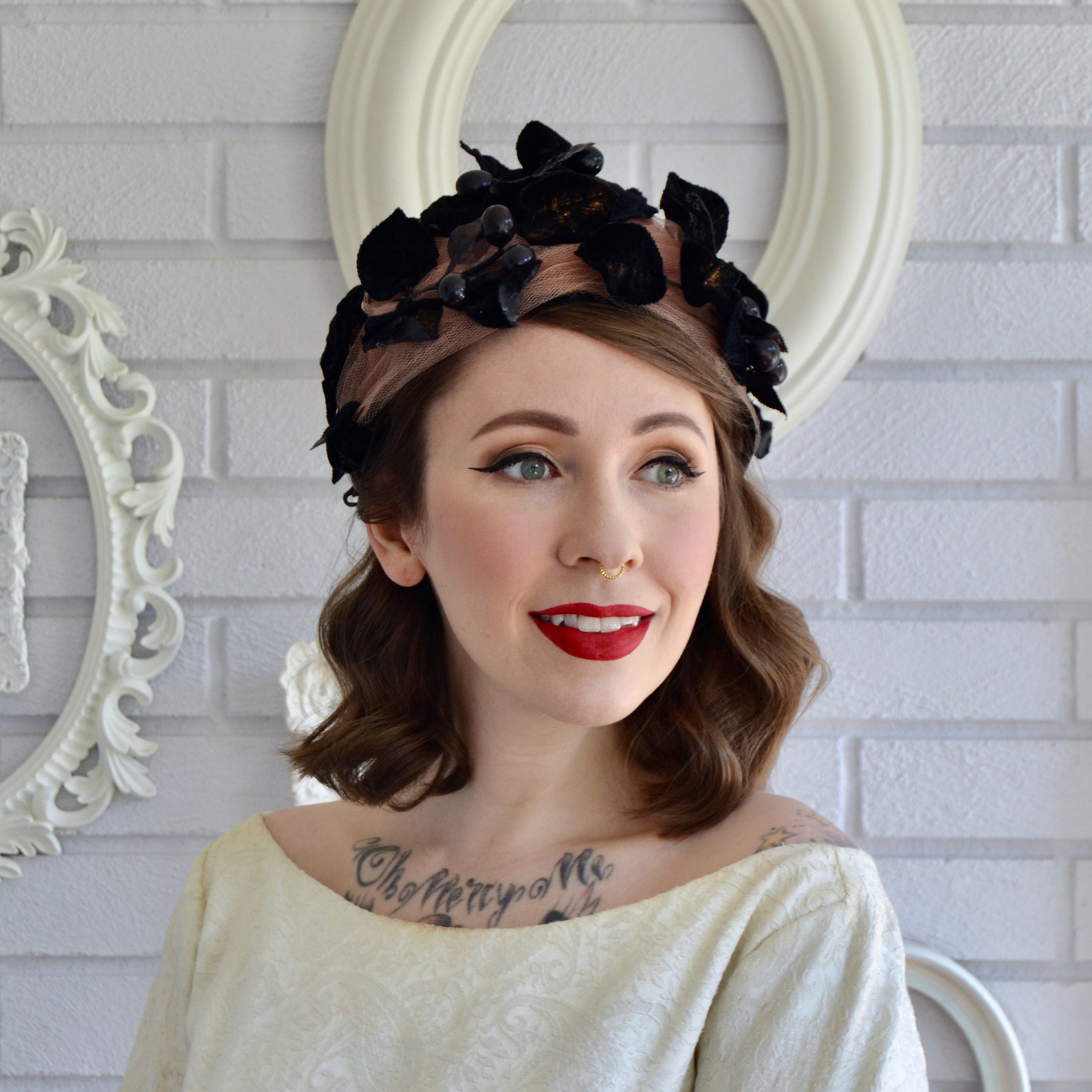 Vintage Tulle Hat With Black Velvet Leaves and Black Plastic - Etsy