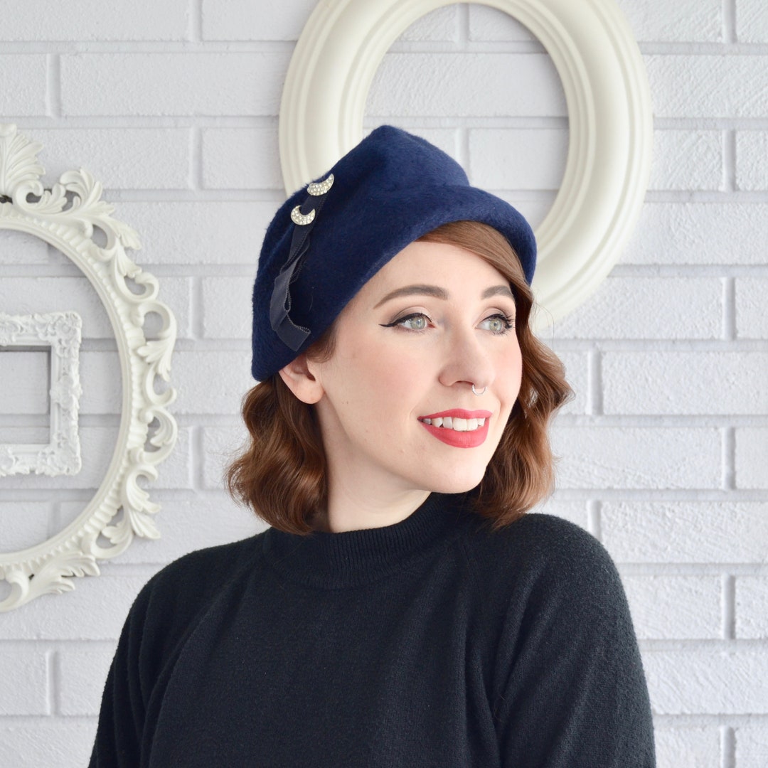Vintage Dark Blue Wool Hat With Crescent Moon Adornments by Debutante ...