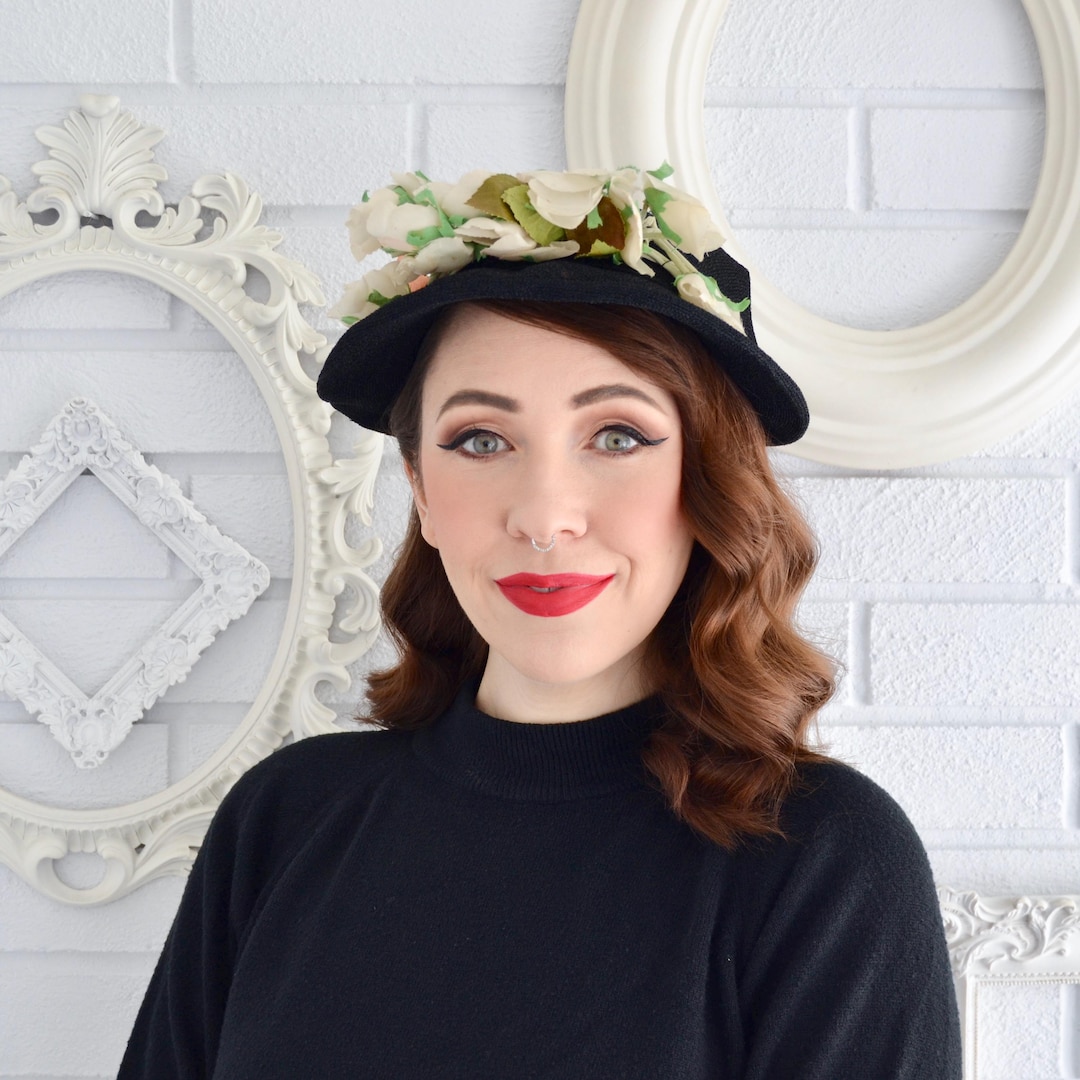 Vintage Black Fabric Hat With Fabric Flowers and Leaves - Etsy