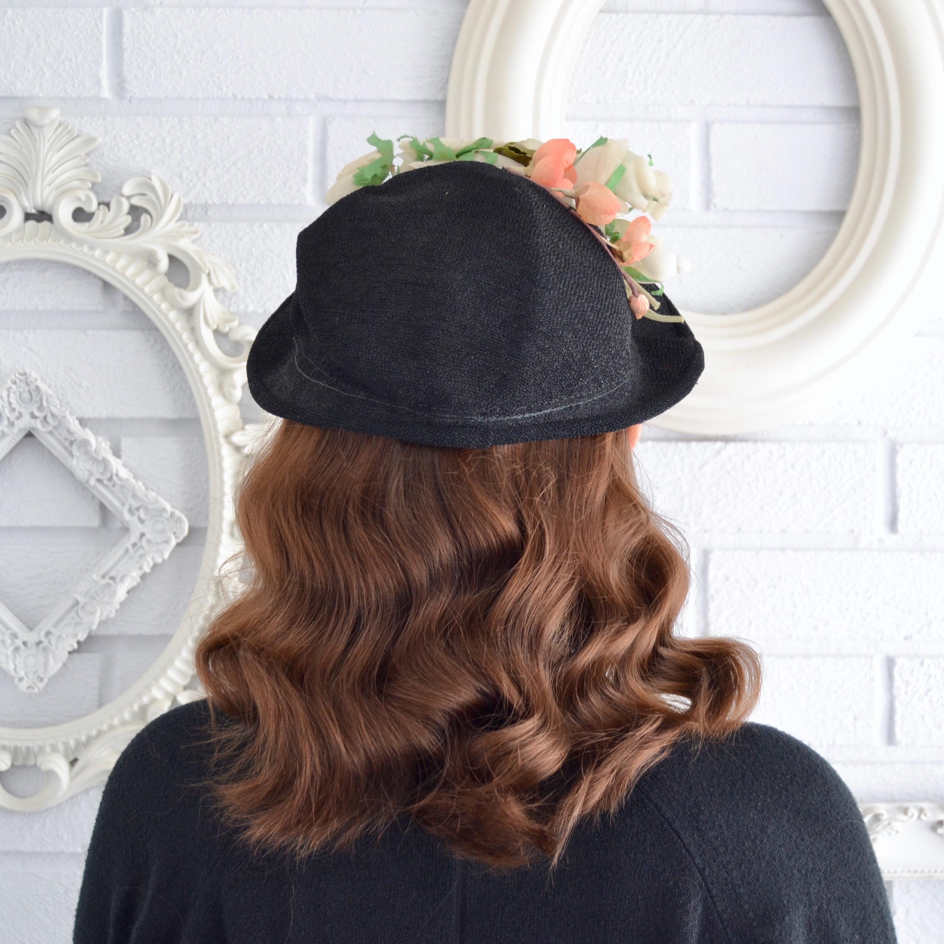 Vintage Black Fabric Hat With Fabric Flowers and Leaves - Etsy