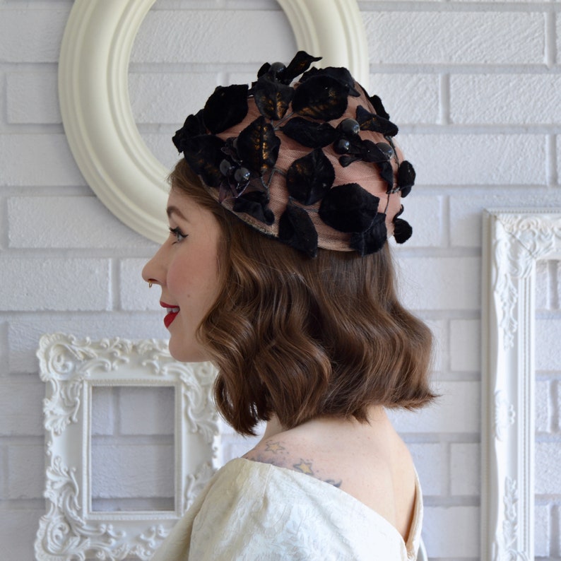Vintage Tulle Hat With Black Velvet Leaves and Black Plastic - Etsy