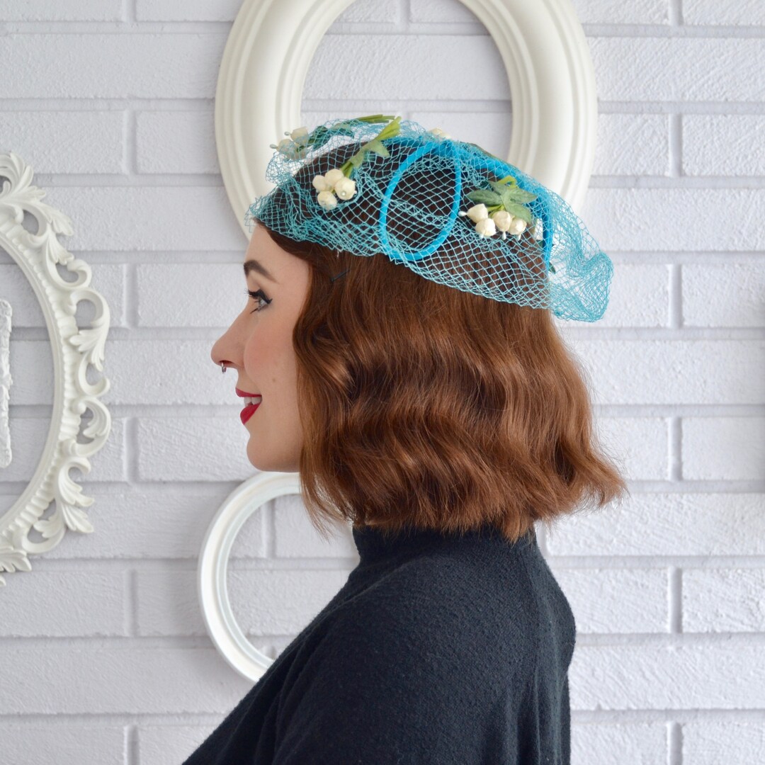 Vintage Blue Wire Form Hat With Netting and Fabric Flowers Union Made ...
