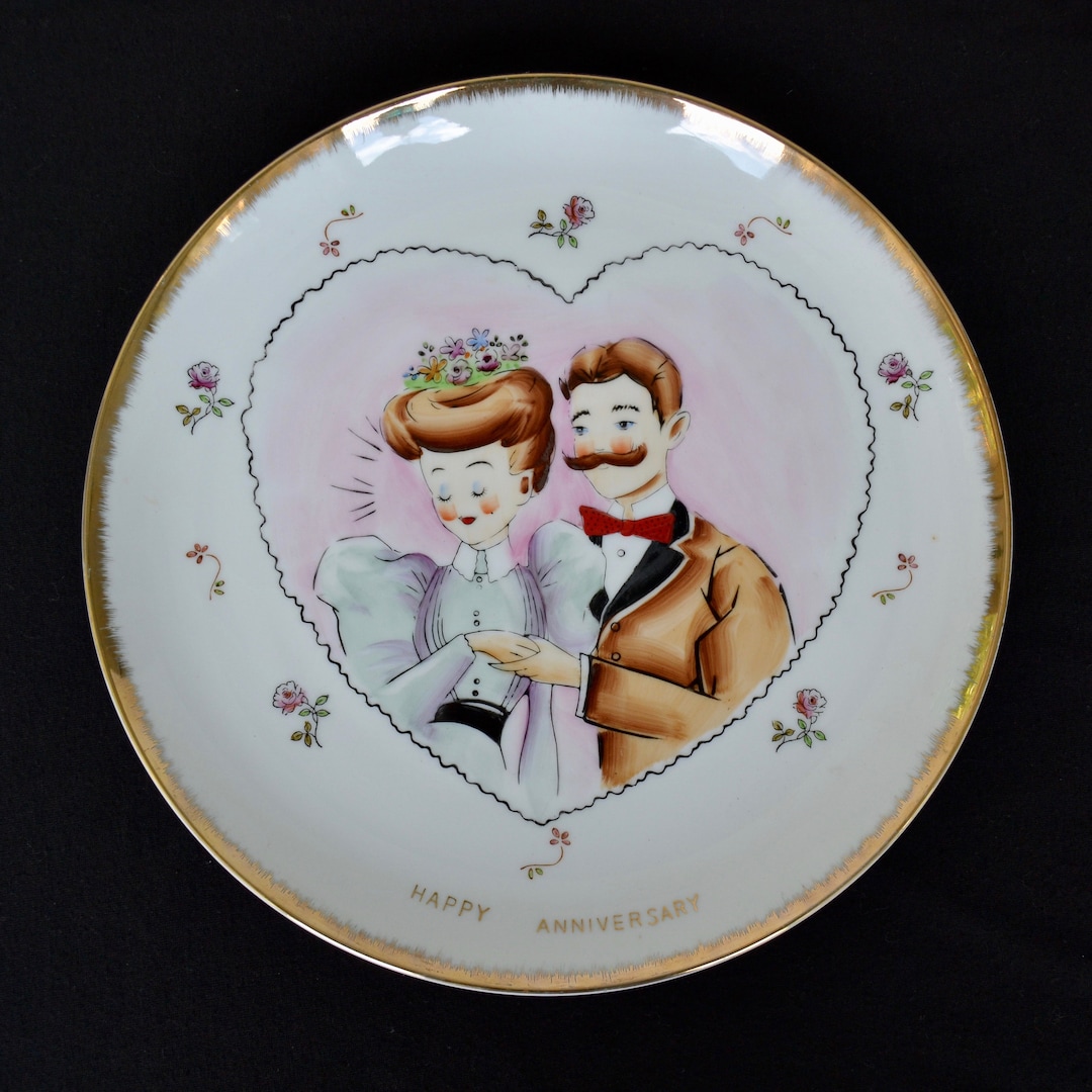 Vintage Happy Anniversary Ceramic Plate With Flowers and Illustrated ...