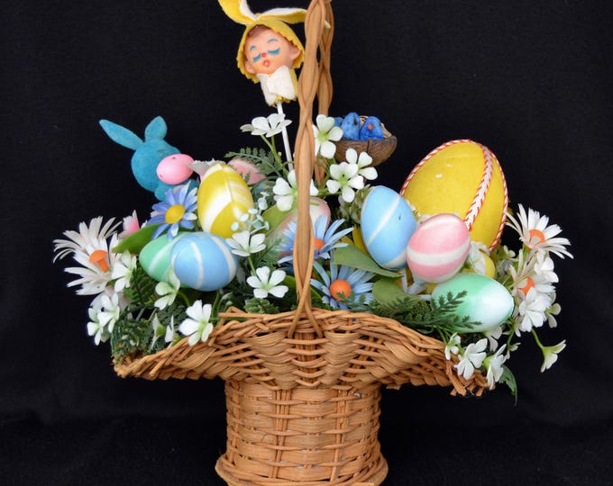 Vintage Easter Woven Basket With Plastic Flowers and Bunny and Egg ...