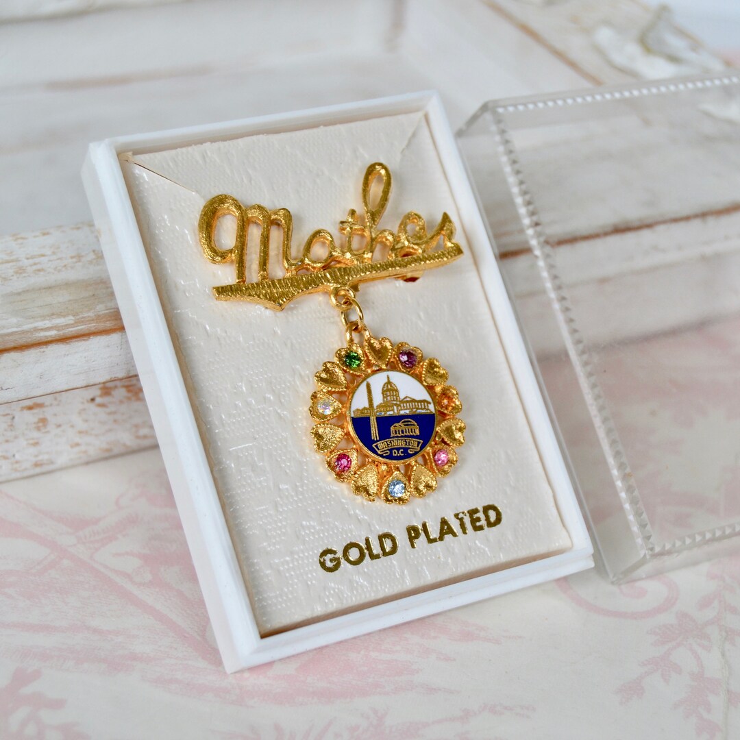 Vintage Mother Brooch in Gold Tone Metal With Rhinestones Souvenir of ...