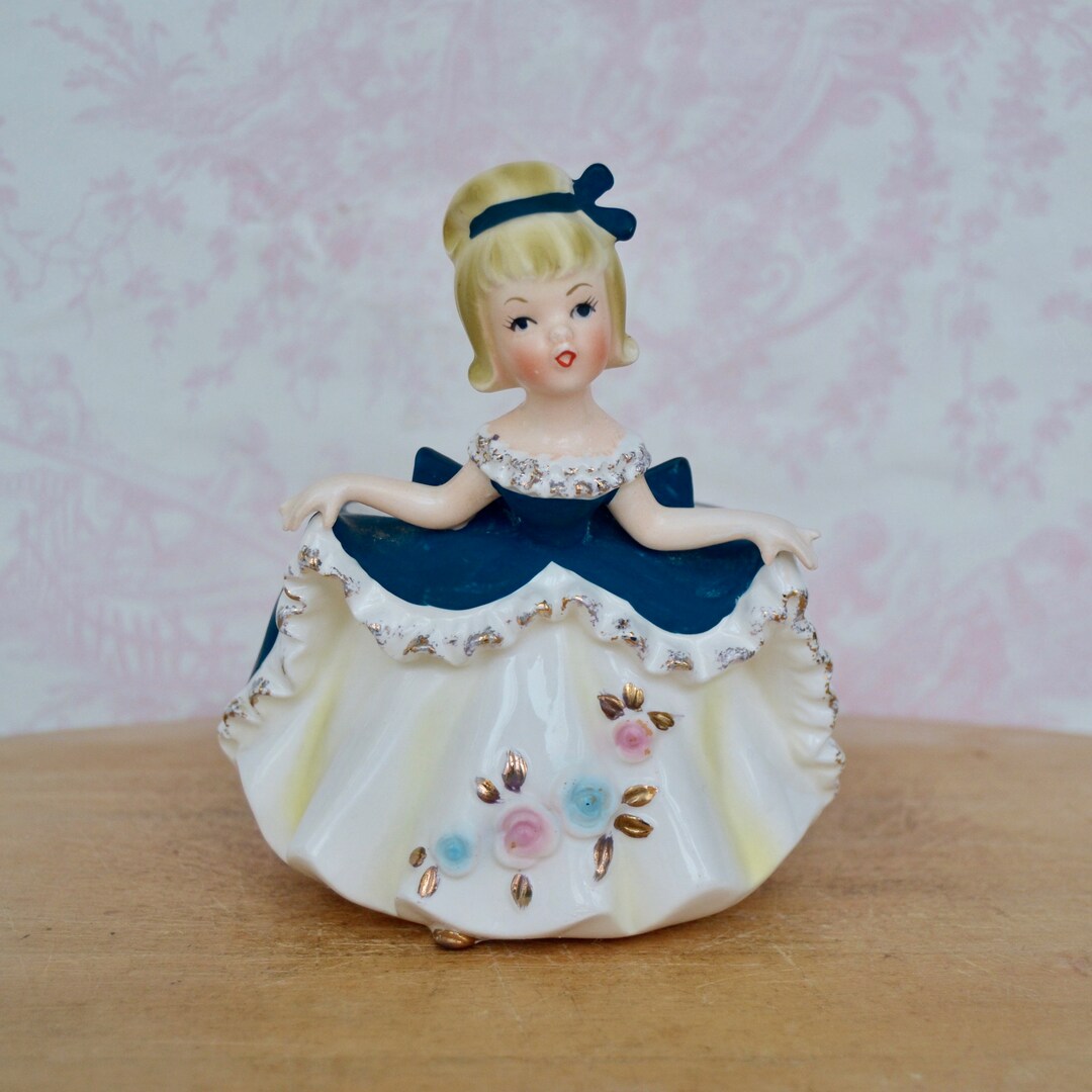 Vintage Ceramic Lady Planter by Relpo With Matte Dark Blue Dress and ...