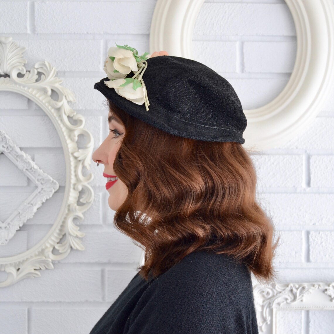 Vintage Black Fabric Hat With Fabric Flowers and Leaves - Etsy