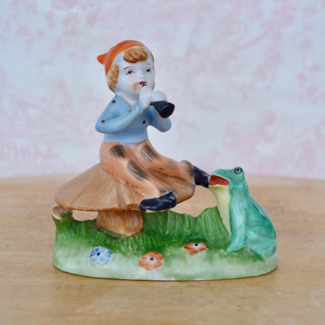 Vintage Boy Playing Horn on Mushroom With Frog Ceramic Figurine Made in ...