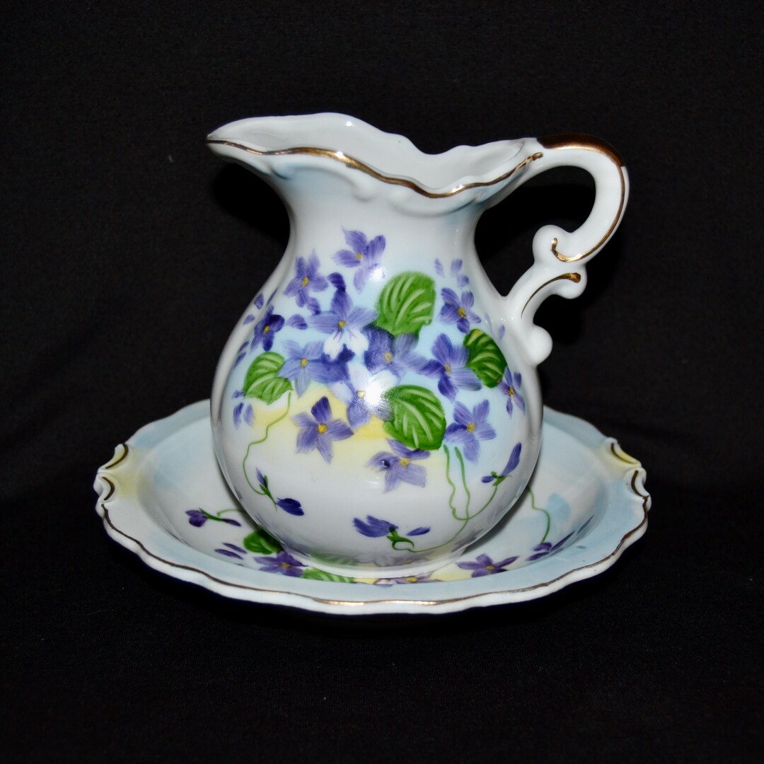 Vintage Ceramic Pitcher and Bowl With Purple Flowers and Green Leaves ...