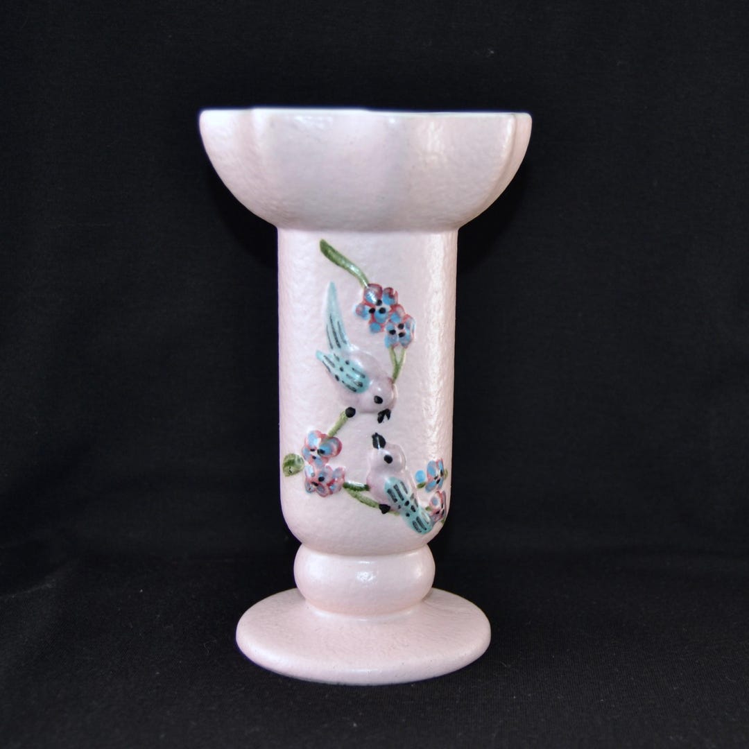 Vintage 1950s Light Pink Ceramic Ruffled Top Vase With Songbirds ...