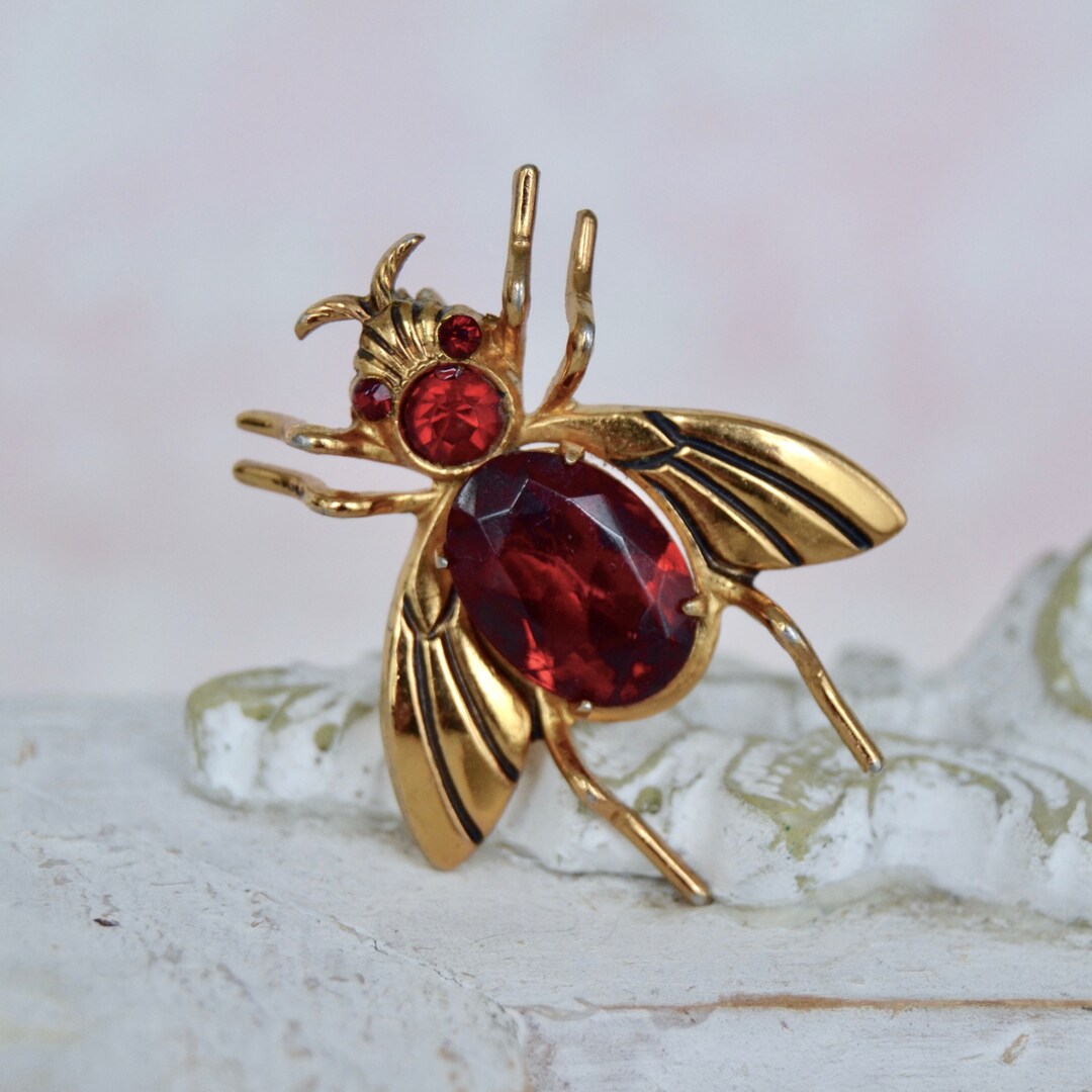 Vintage Bug Brooch Made of Gold Tone Metal With Dark Red Rhinestones by ...