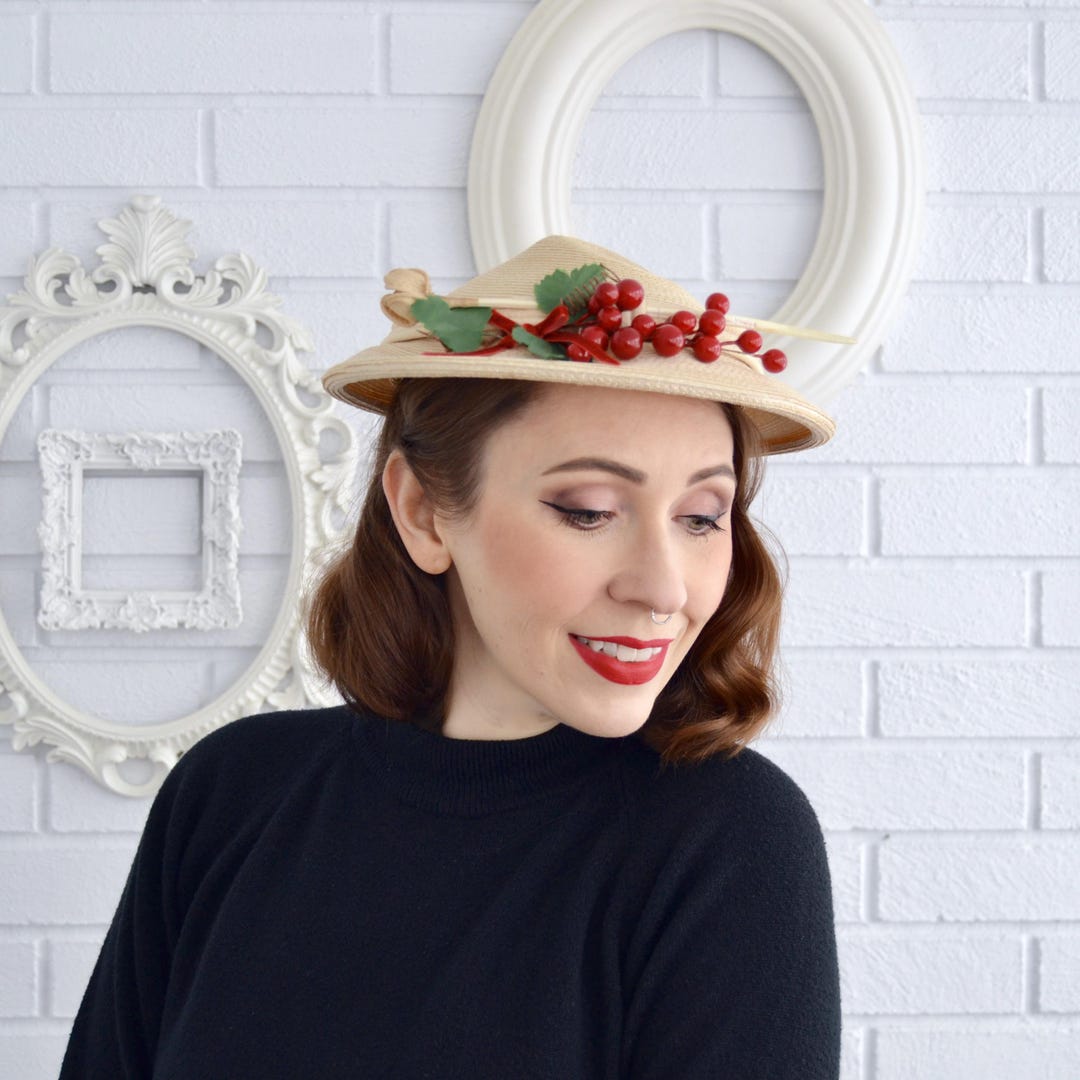 Vintage Hat With Red Berries, Leaves and Fabric Flower - Etsy